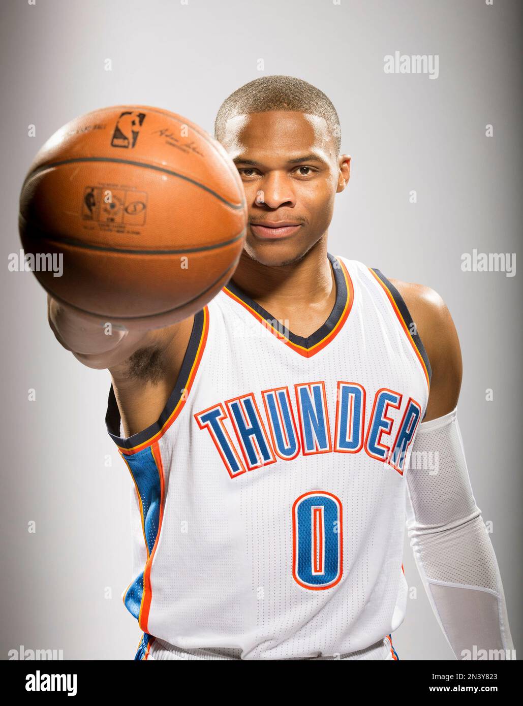 Oklahoma City Thunder's Russell Westbrook poses for photos during NBA ...