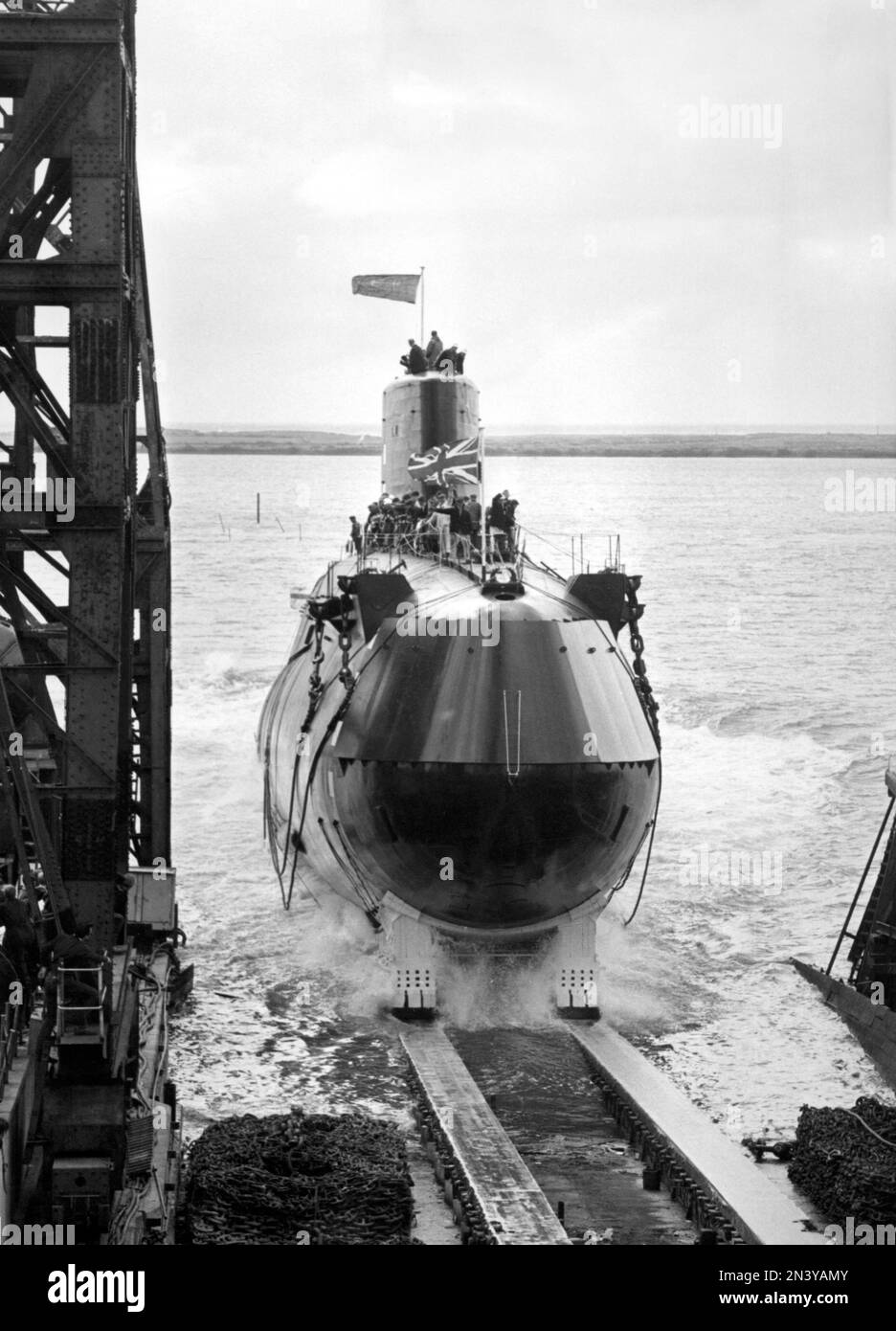 HMS Resolution, Britain's first Polaris submarine goes down the slipway ...