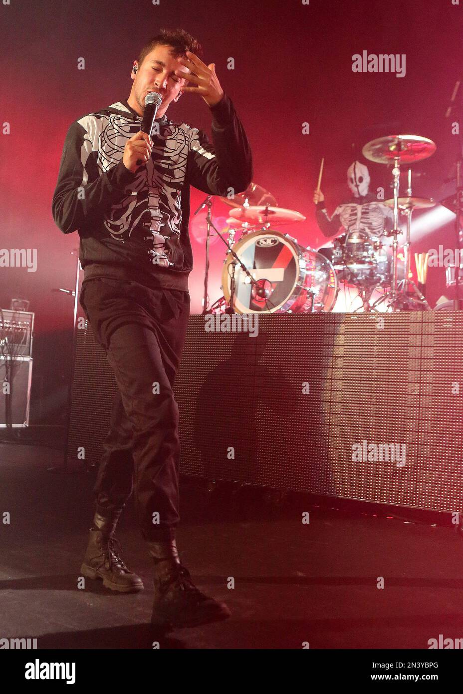Tyler Joseph, left, and Josh Dun of the band Twenty One Pilots perform ...