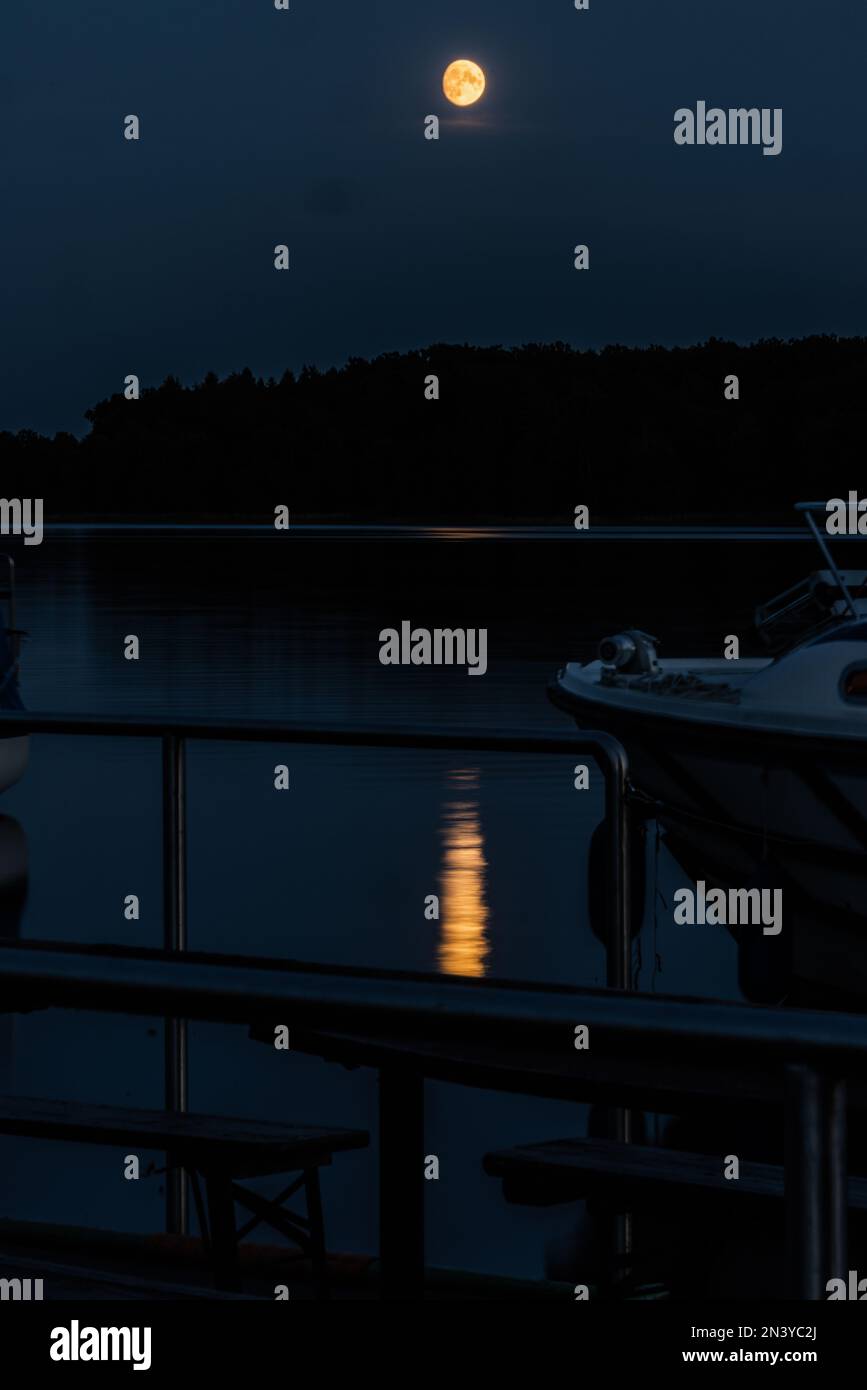 A vertical shot of the full Moon reflecting on the surface of the lake ...