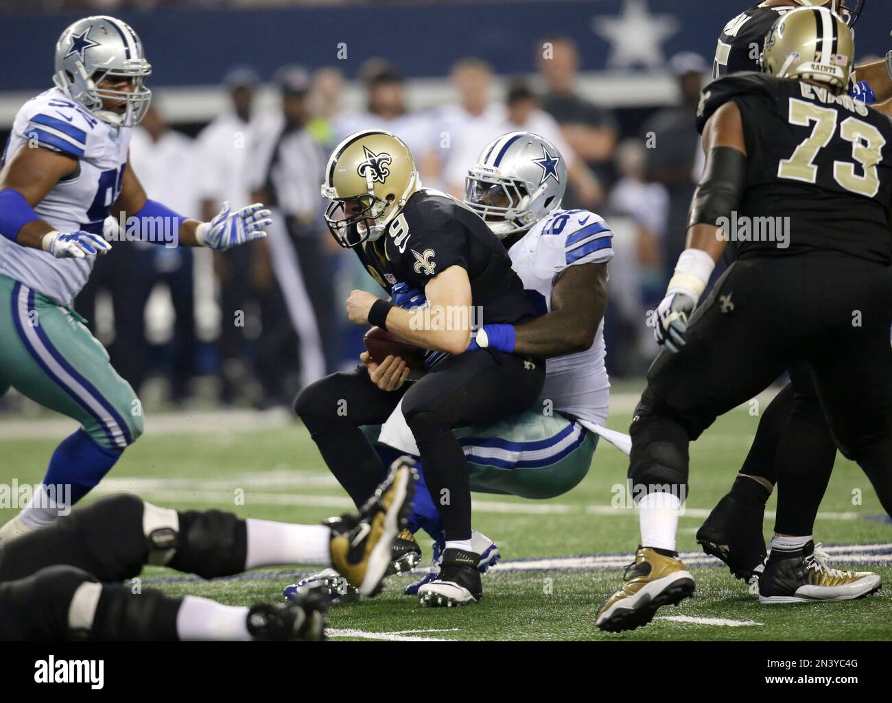 New Orleans Saints quarterback Drew Brees (9) is sacked by Dallas ...