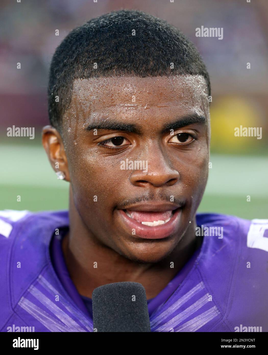 Minnesota Vikings running back Jerick McKinnon is interviewed after an ...