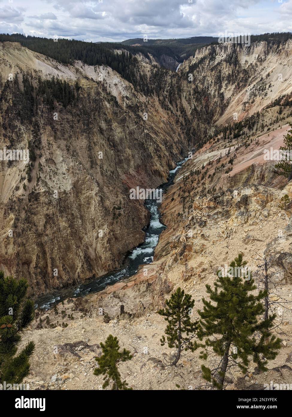 A natural view of water flowing downstream in the middle of a rocky ...