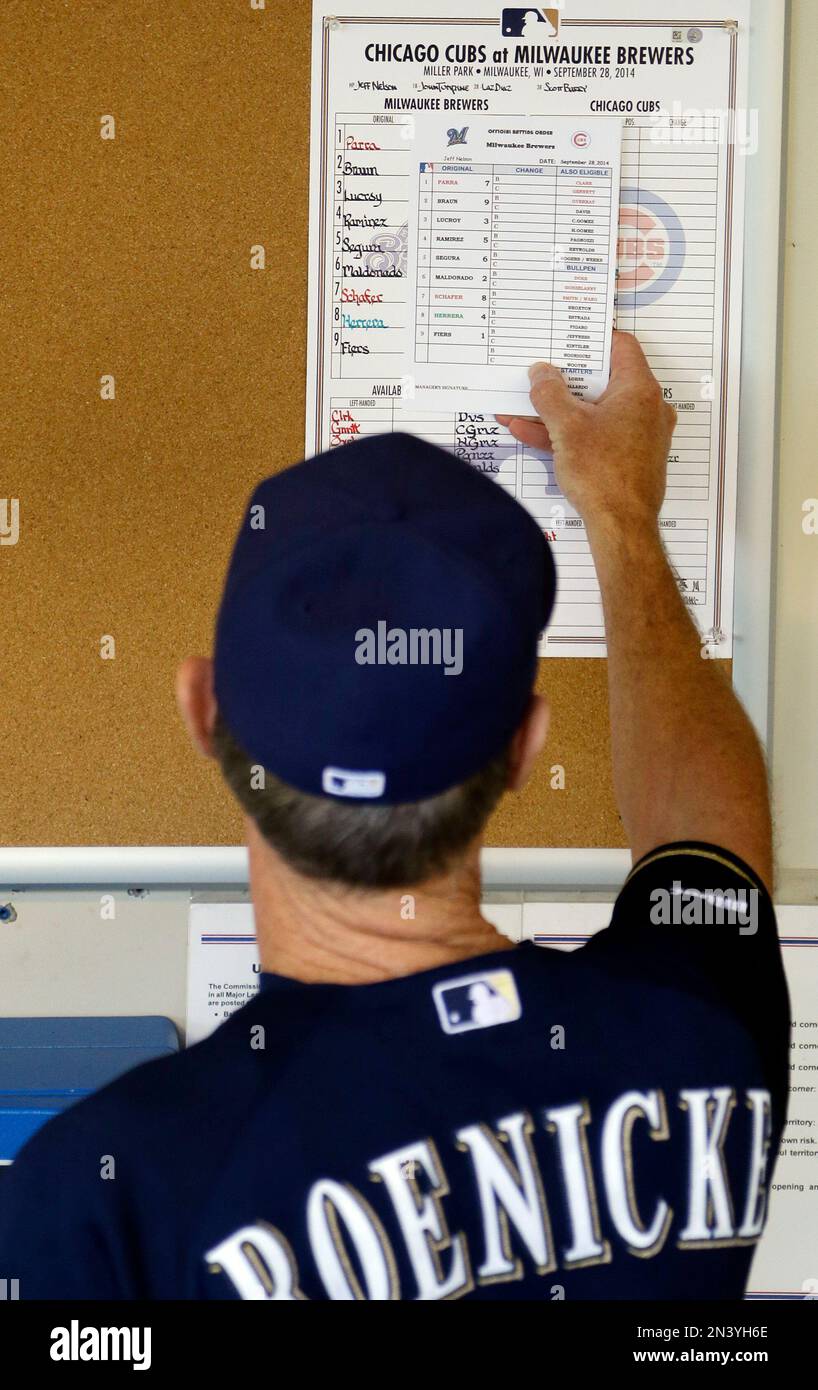 Milwaukee Brewers manager Ron Roenicke looks over his lineup before a ...
