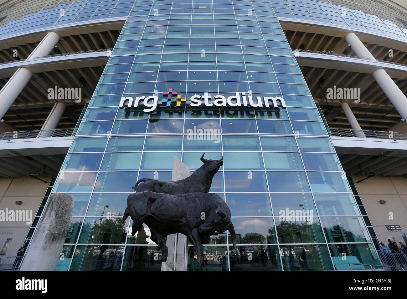 Bull statues are shown outside NRG Stadium prior to an NFL football ...
