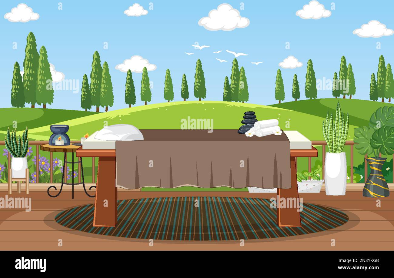 Outdoor spa scene with spa bed and elements illustration Stock Vector ...