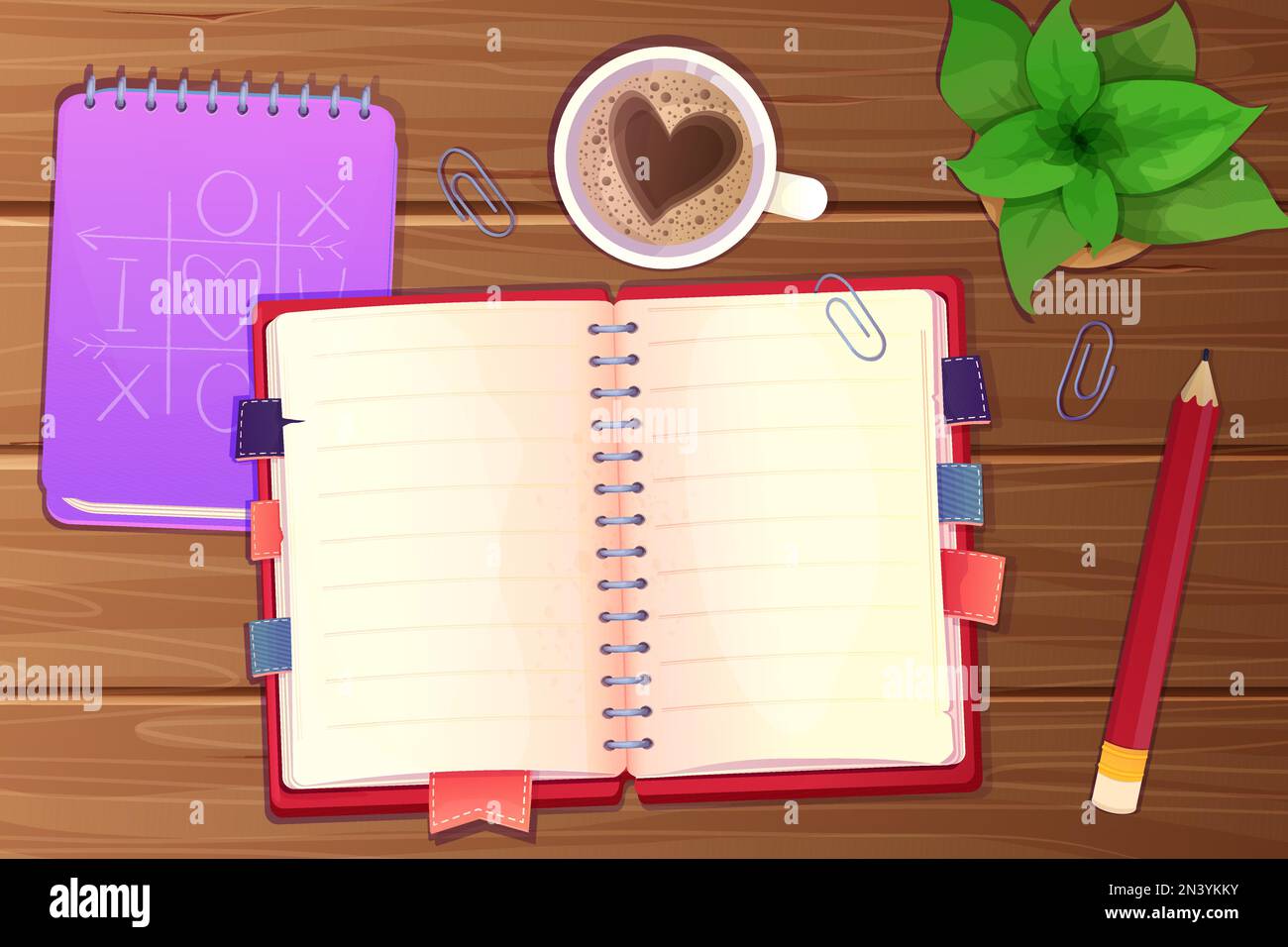 Workplace with stationary, cup of coffee with heart, notebook, paper ...