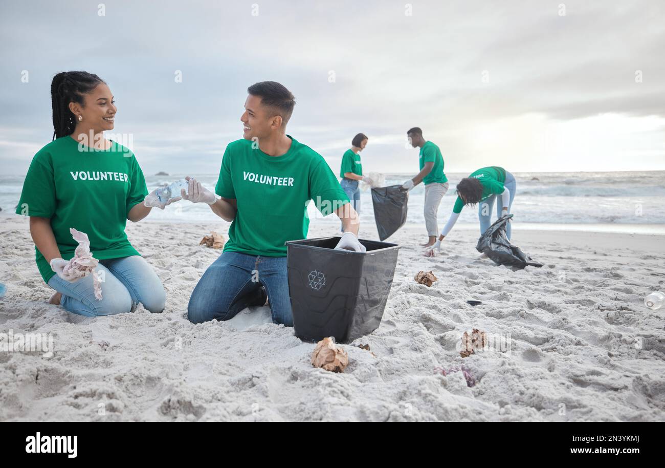 Friends, help and recycling with people on beach for sustainability ...