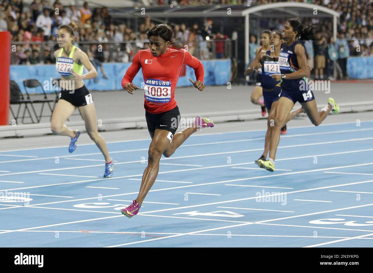 Bahrain's Oluwakemi Adekoya crosses the finish line to win the women's ...