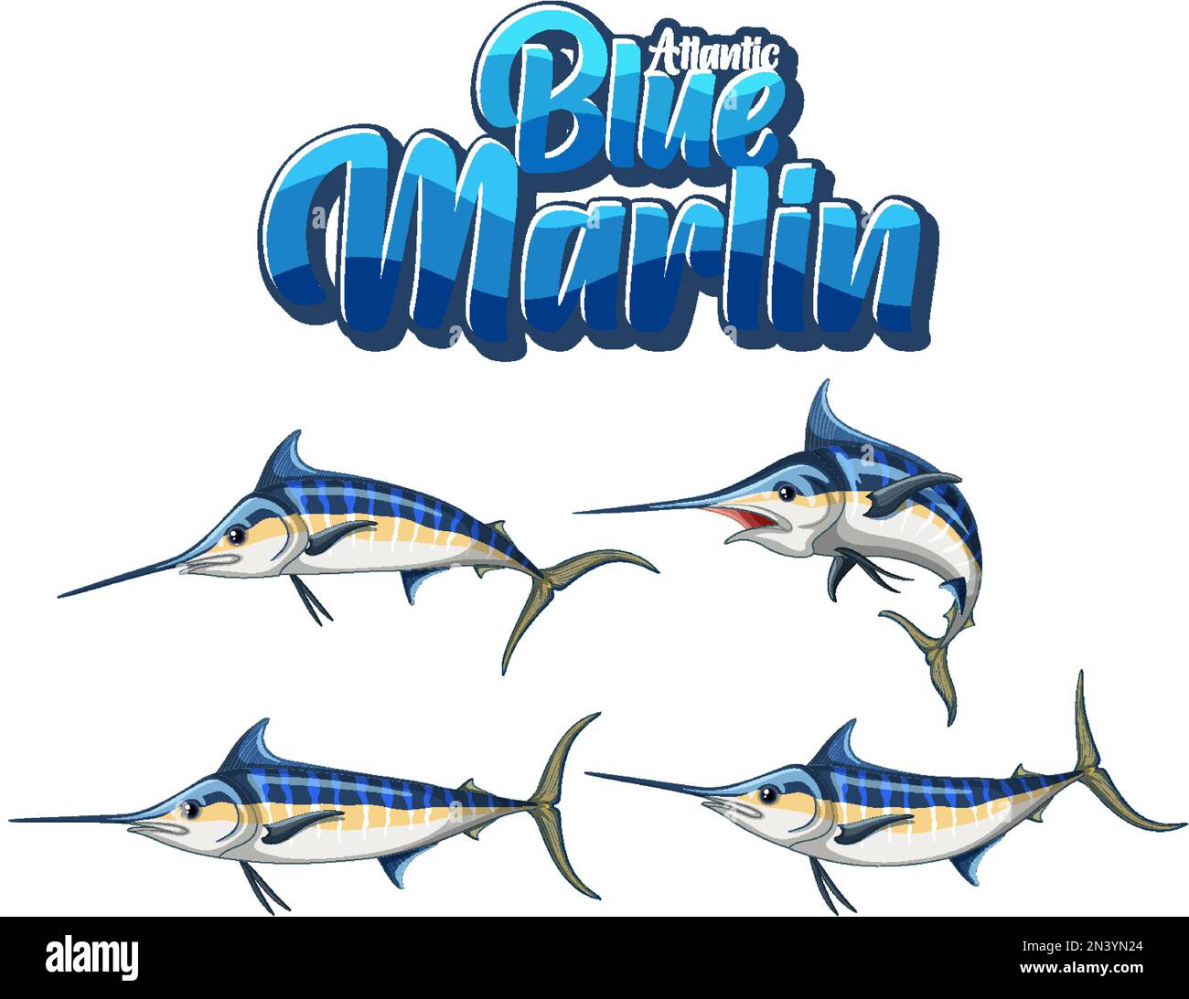 Blue marlin fish cartoon character in different poses illustration ...