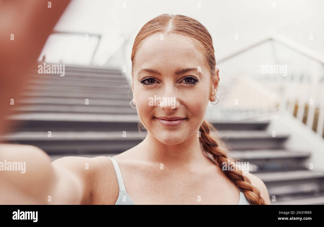 Selfie, fitness and woman portrait by outdoor stairs ready for running ...
