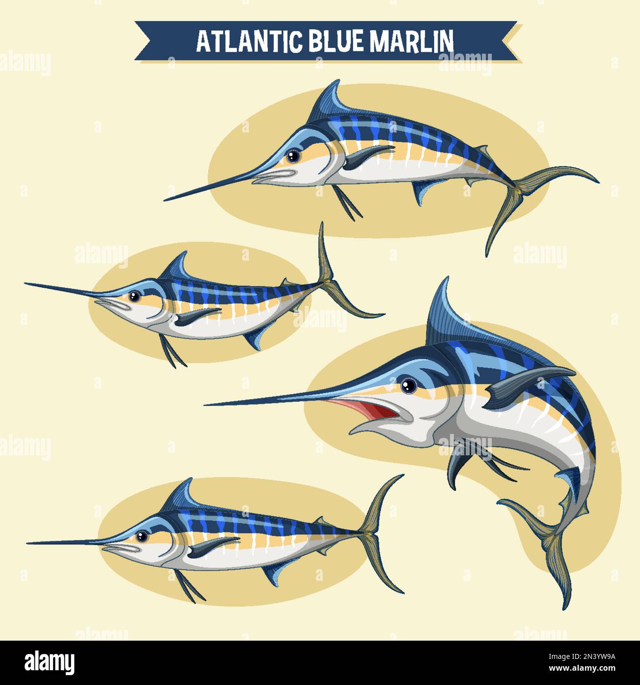 Blue marlin fish cartoon character in different poses illustration ...