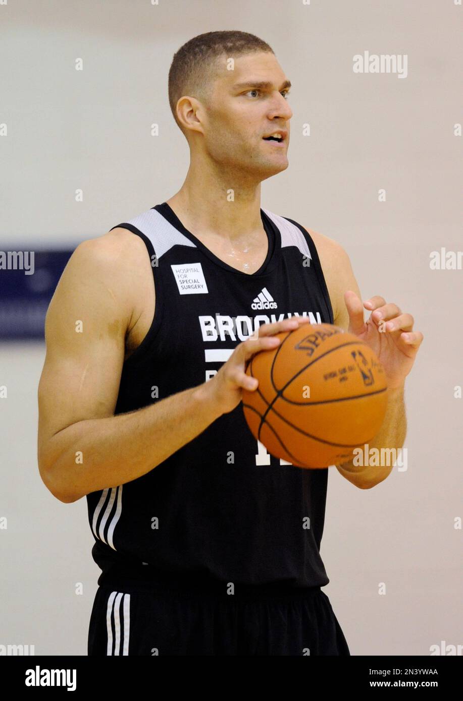 CORRECTS DAY TO SATURDAY Brooklyn Nets' Brook Lopez looks on after an ...