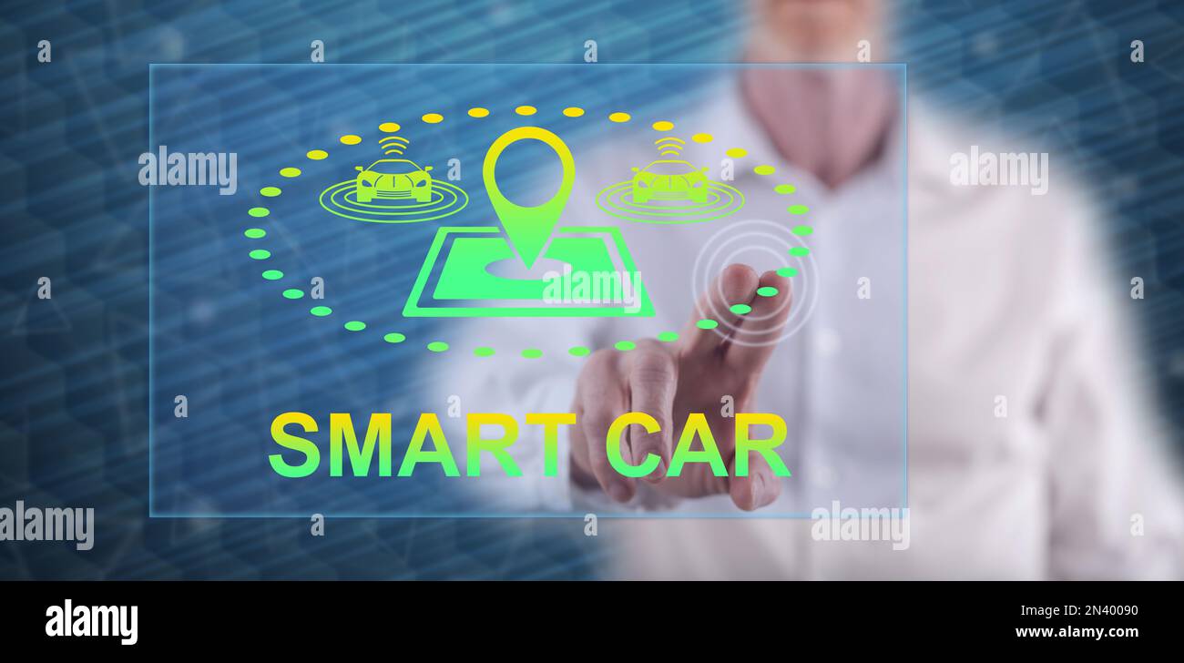 Man touching a smart car concept on a touch screen with his finger ...