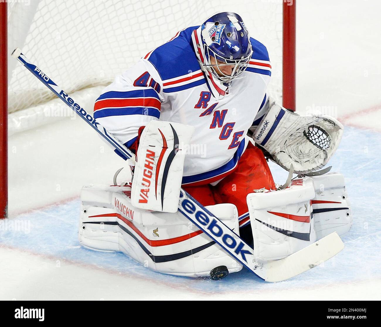 New York Rangers goalie Cedrick Desjardins (40) blocks a Chicago ...