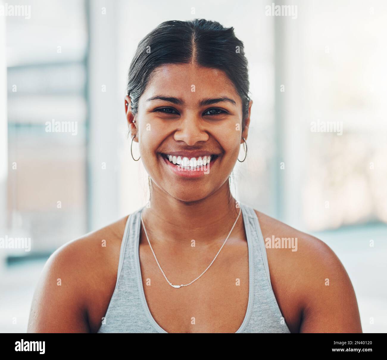 Fitness, happy and portrait of a woman in the gym after a workout for ...