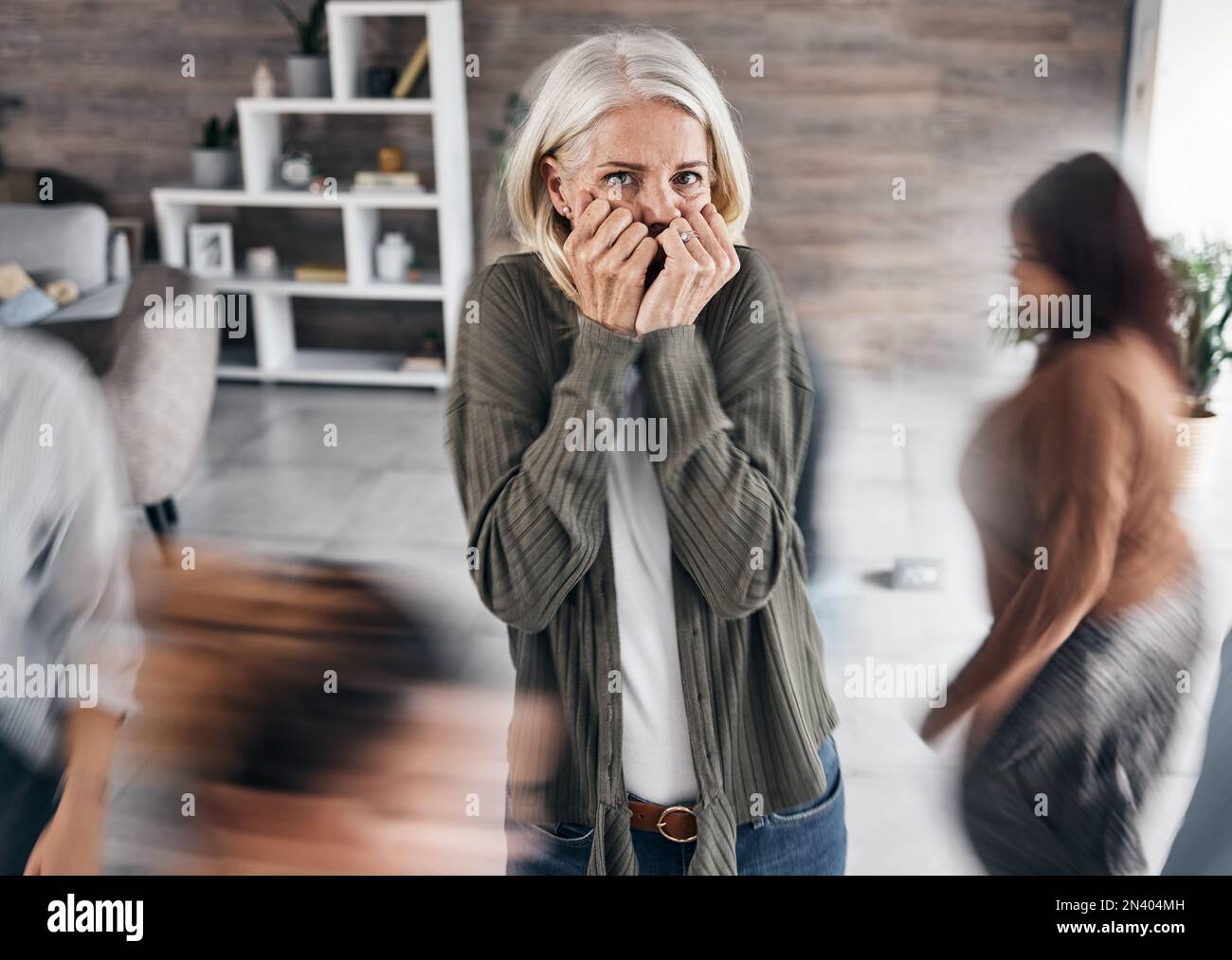 Anxiety, schizophrenia and woman in mental health problem, crisis and ...