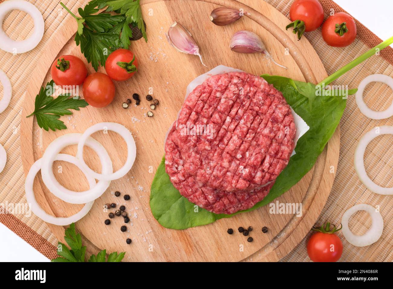Raw Ground beef meat Burger steak cutlets on a wooden board background ...