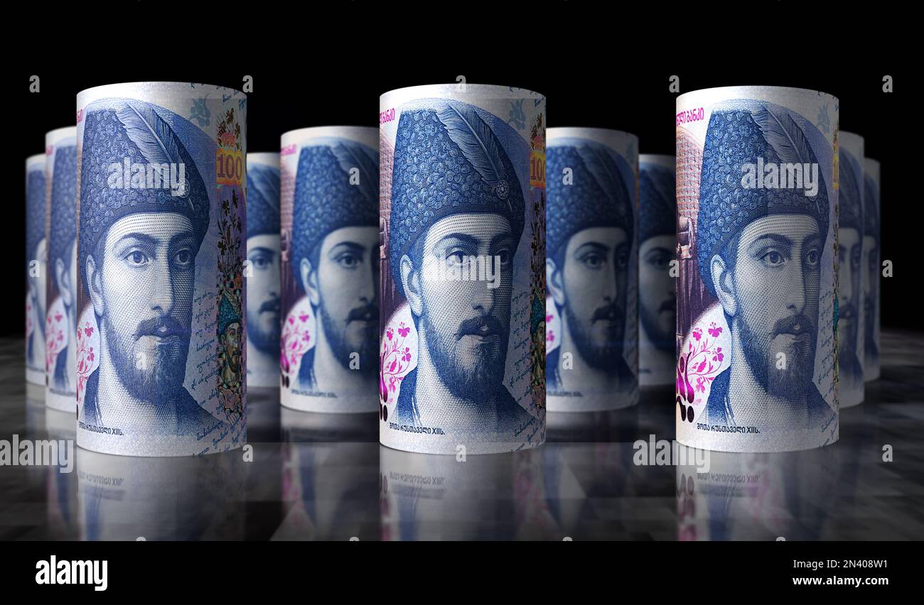 Georgia money Georgian Lari money rolls 3d illustration. GEL banknote ...