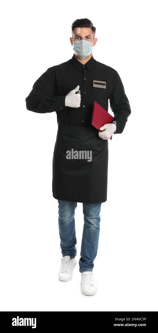 Waiter in medical face mask with menu on white background Stock Photo ...