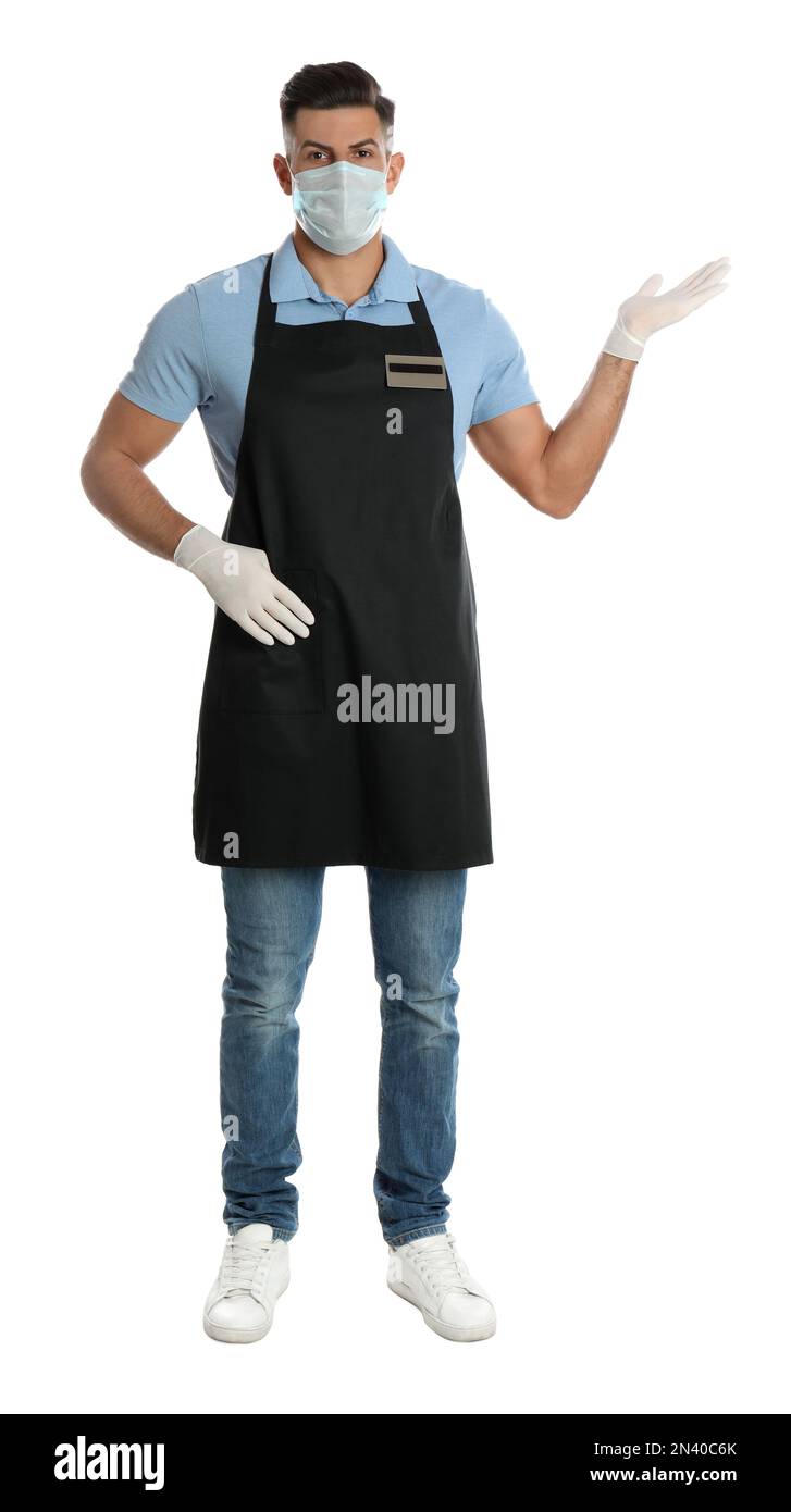 Waiter wearing medical face mask on white background Stock Photo - Alamy