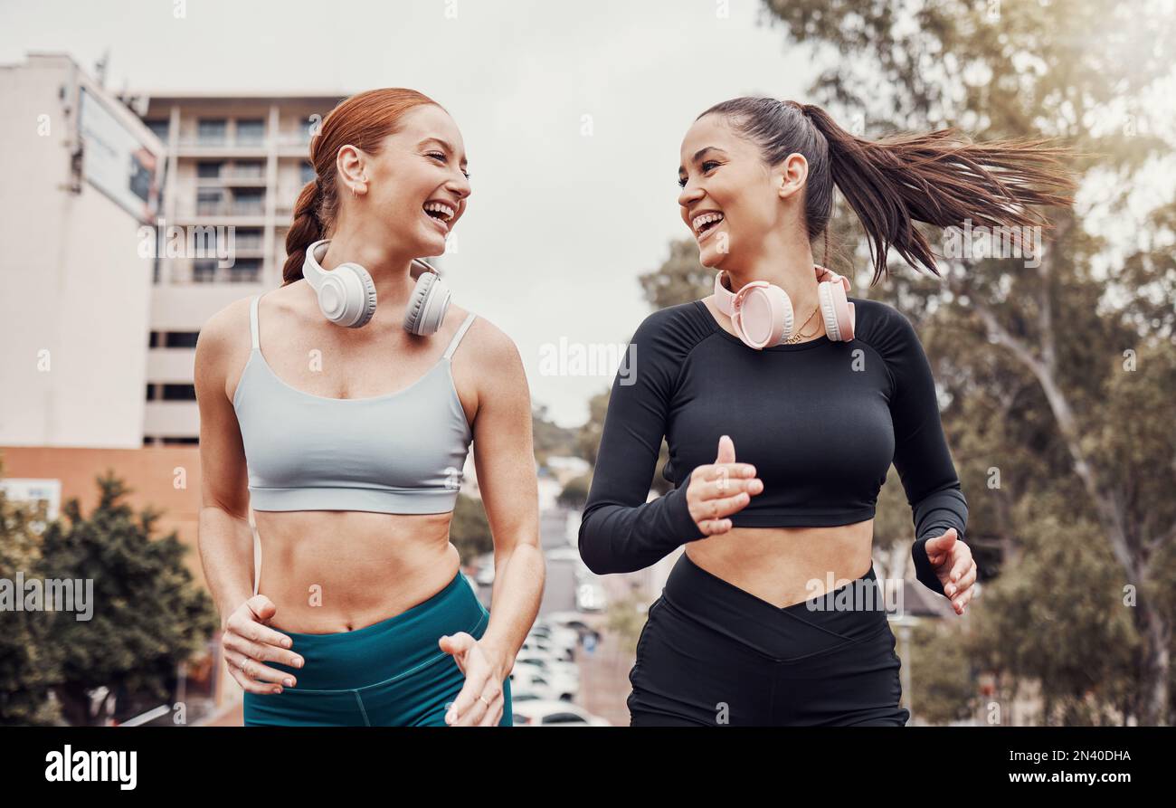 Fitness, city and friends running together for a wellness, health and ...