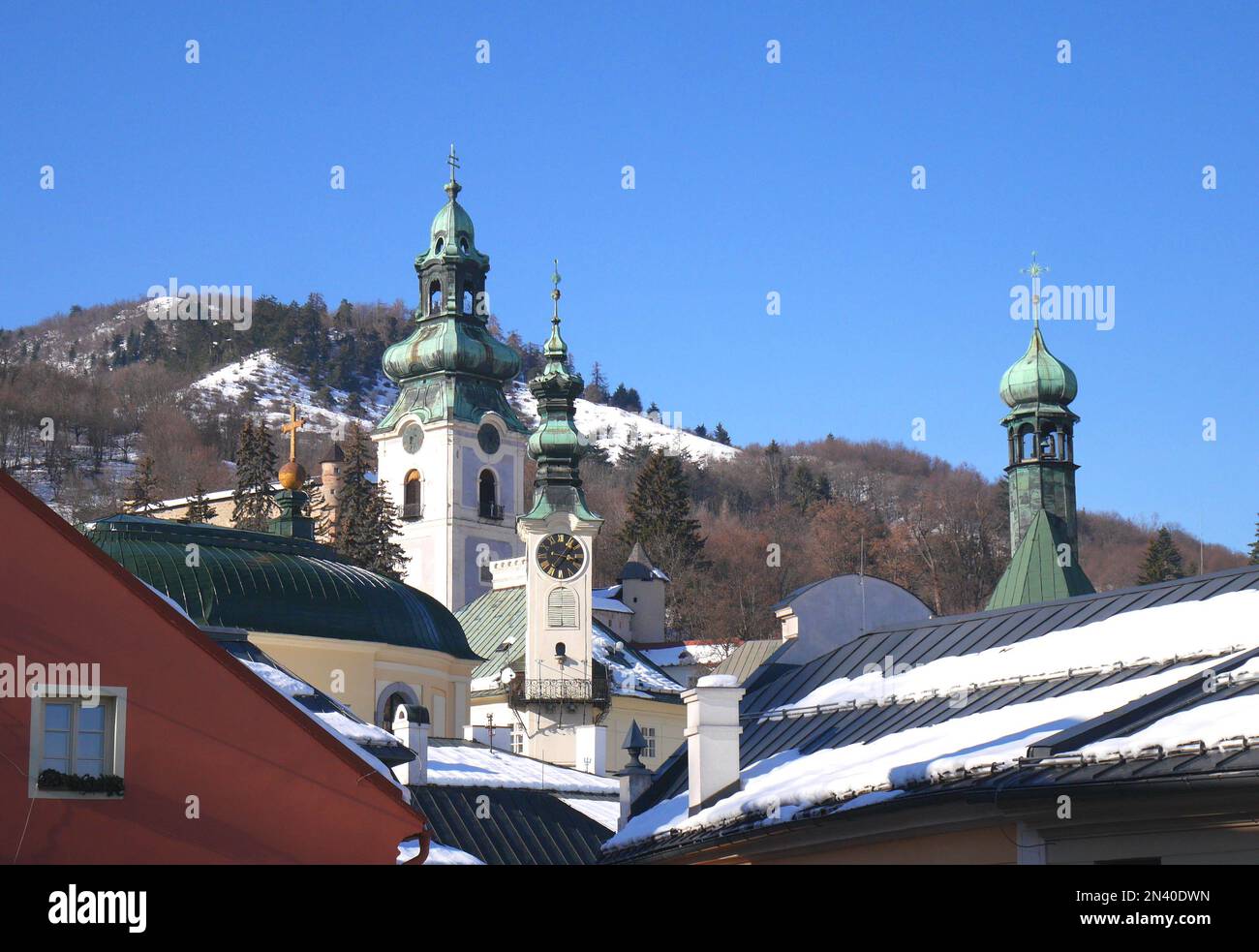 Banska Stiavnica, Slovakia, in winter. The town is a UNESCO World ...