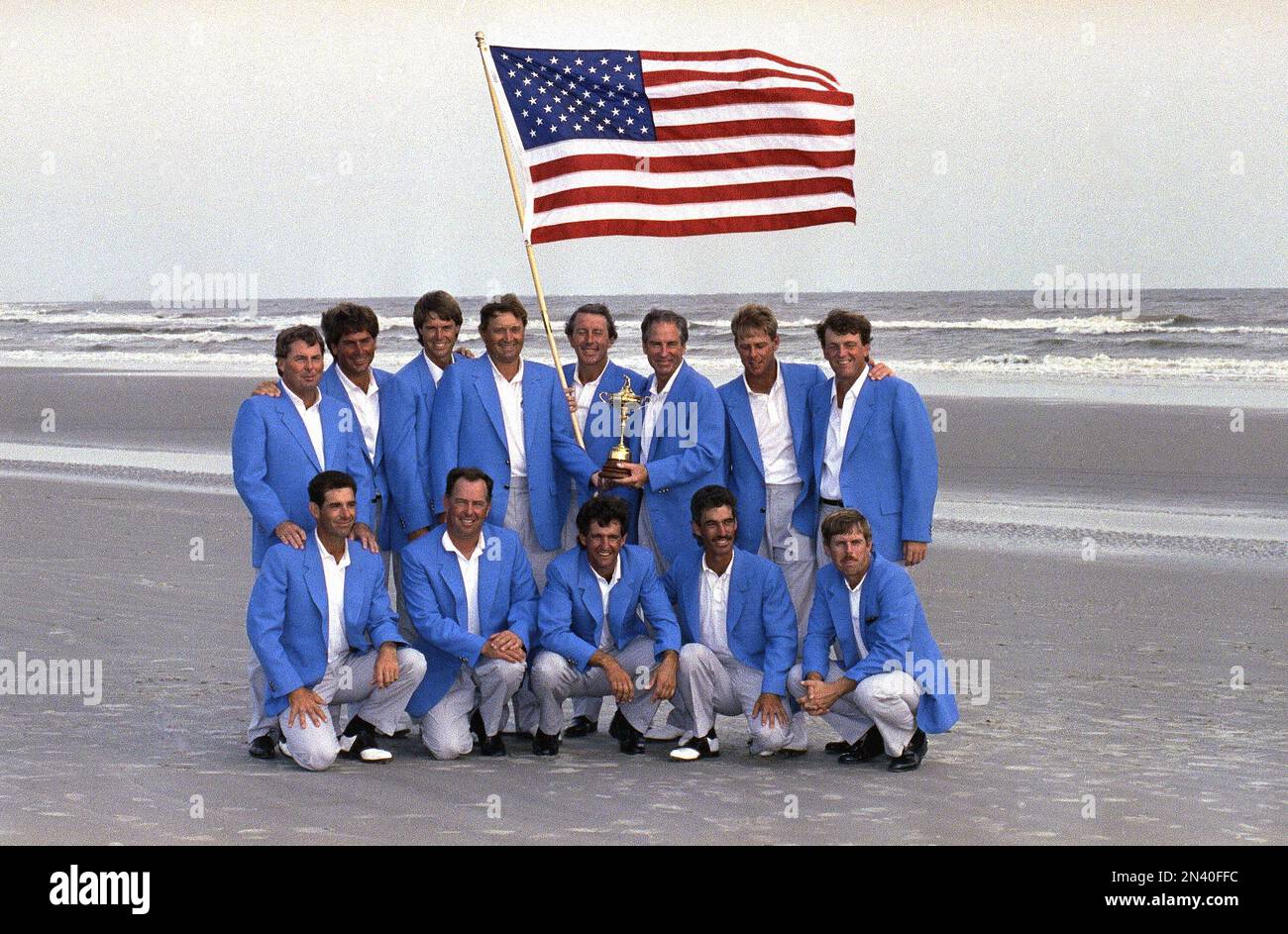 FILE - In this Sunday, Sept. 30, 1991 file photo, the 1991 U.S. Ryder Cup team pose with the ...