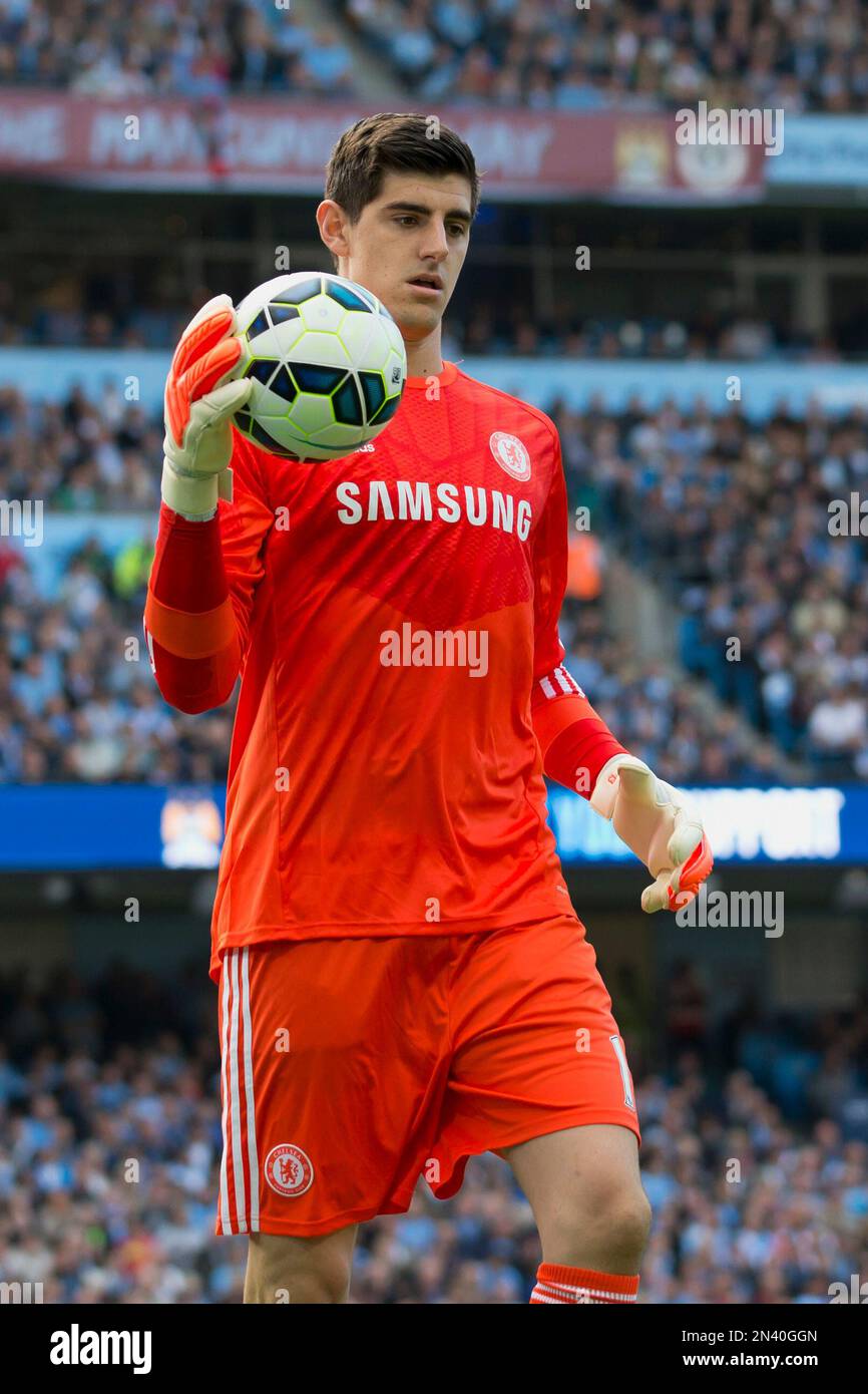 Chelsea's goalkeeper Thibaut Courtois holds the ball during his team's ...