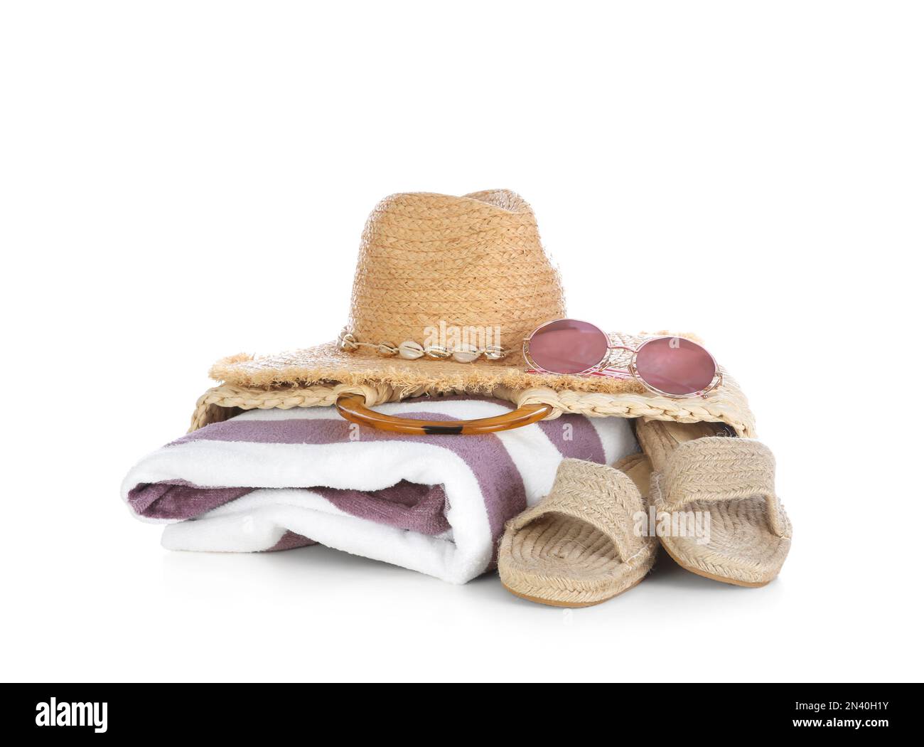 Different stylish beach accessories on white background Stock Photo - Alamy