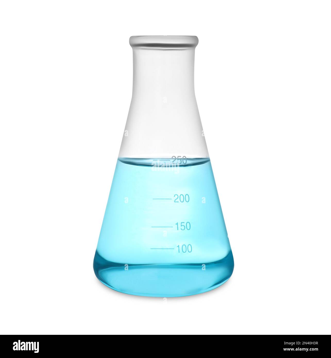 Conical flask with light blue liquid isolated on white Stock Photo - Alamy