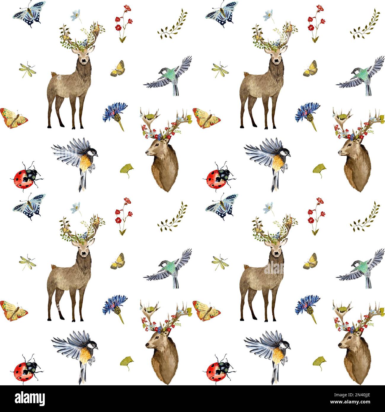 Deer bird insect flower nature pattern watercolor Stock Photo - Alamy
