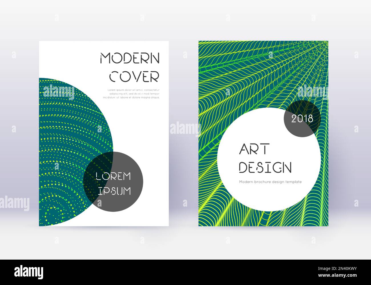 Trendy cover design template set. Green abstract lines on dark ...