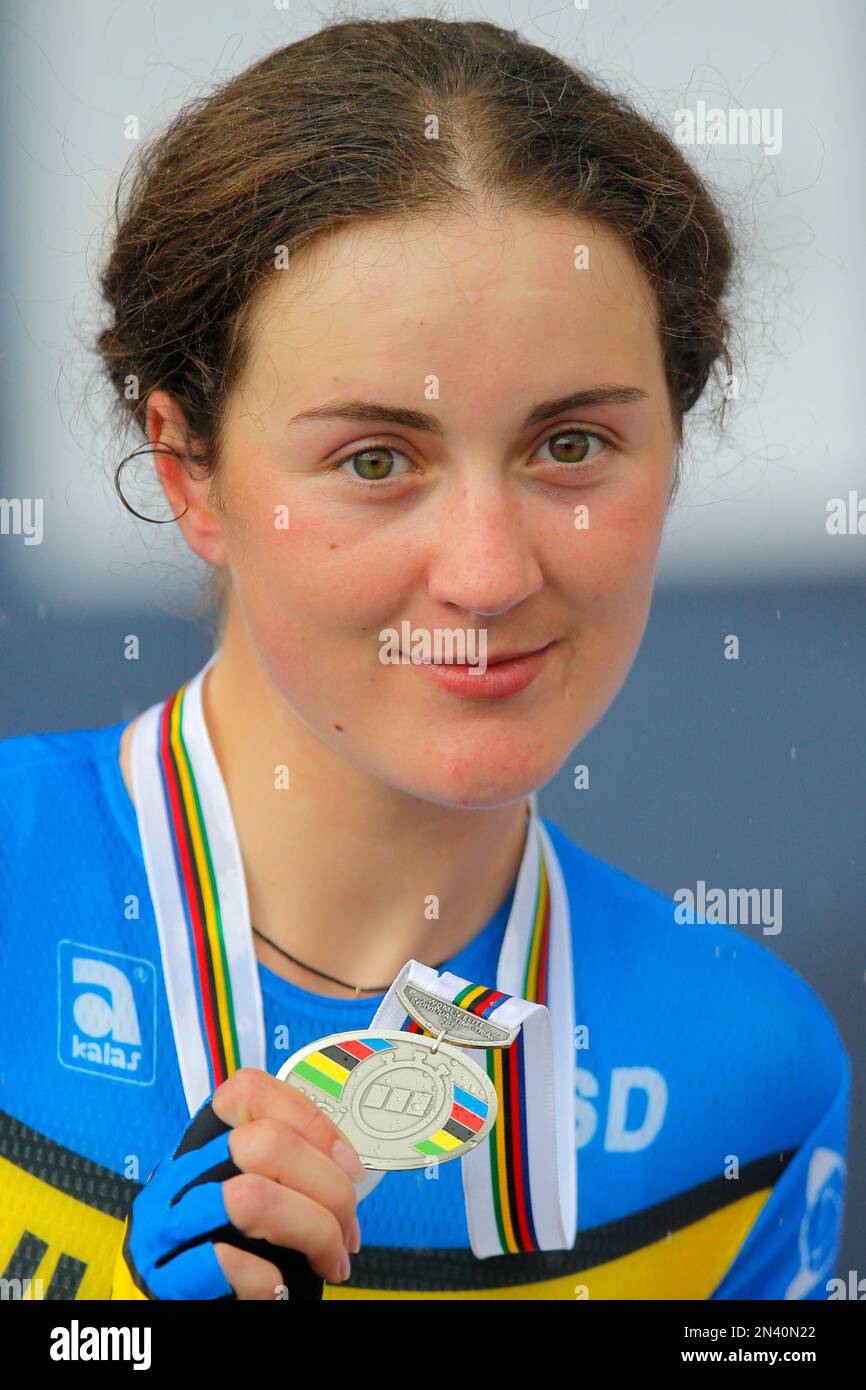 Ukraine's Anna Solovey shows her silver medal on the podium of the ...
