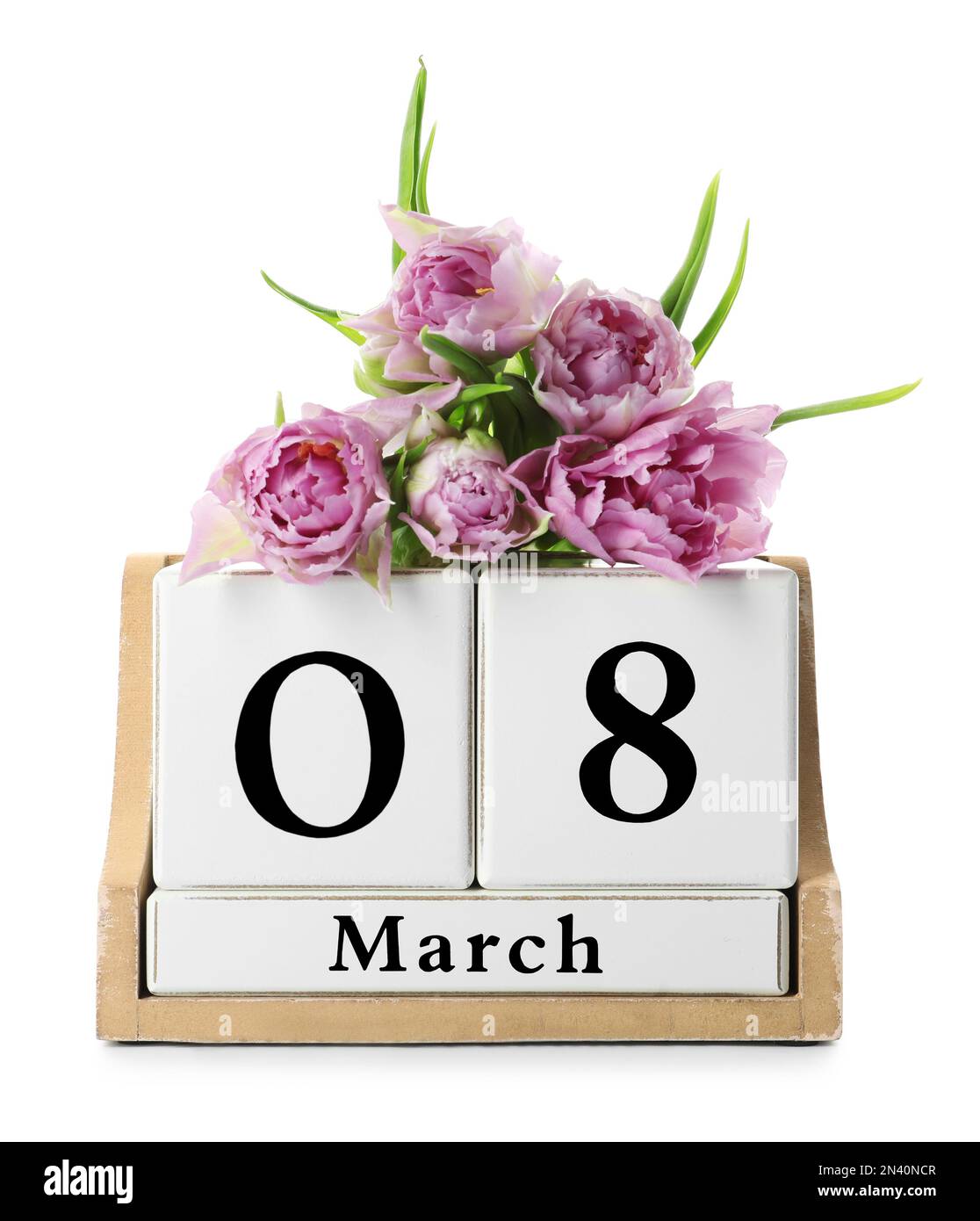 Wooden block calendar with date 8th of March and tulips on white ...