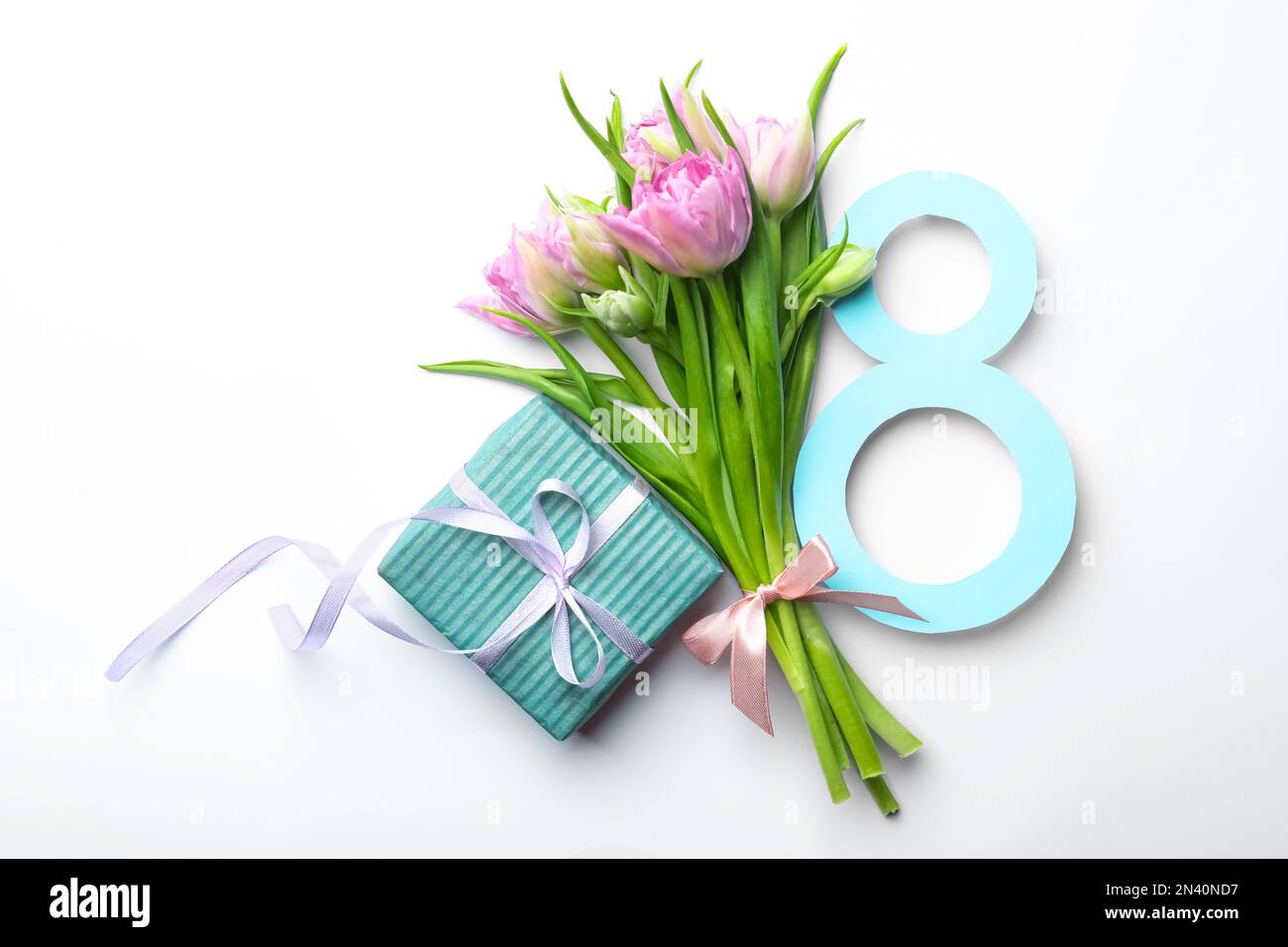 8 March greeting card design with tulips and gift on white background ...