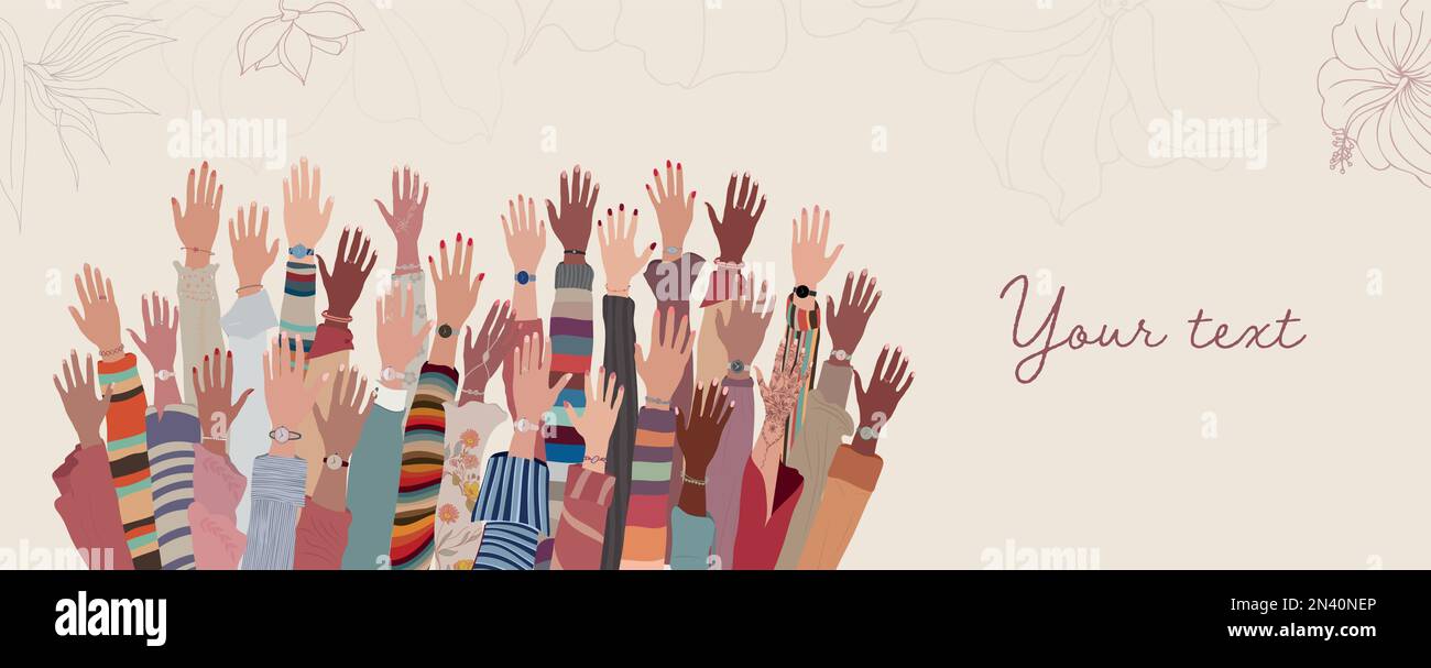 Banner group of hands up of diverse culture women. International Women ...