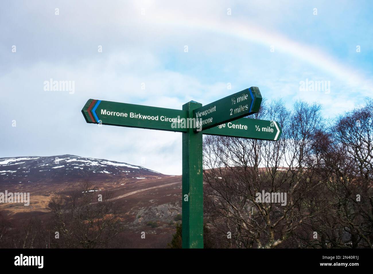 A sign on the path up to the Corbett mountain of Morrone, or Morven ...