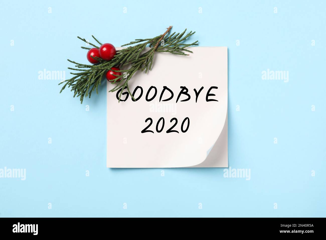 Memory sticker with text Goodbye 2020, thuja branch and red berries on ...