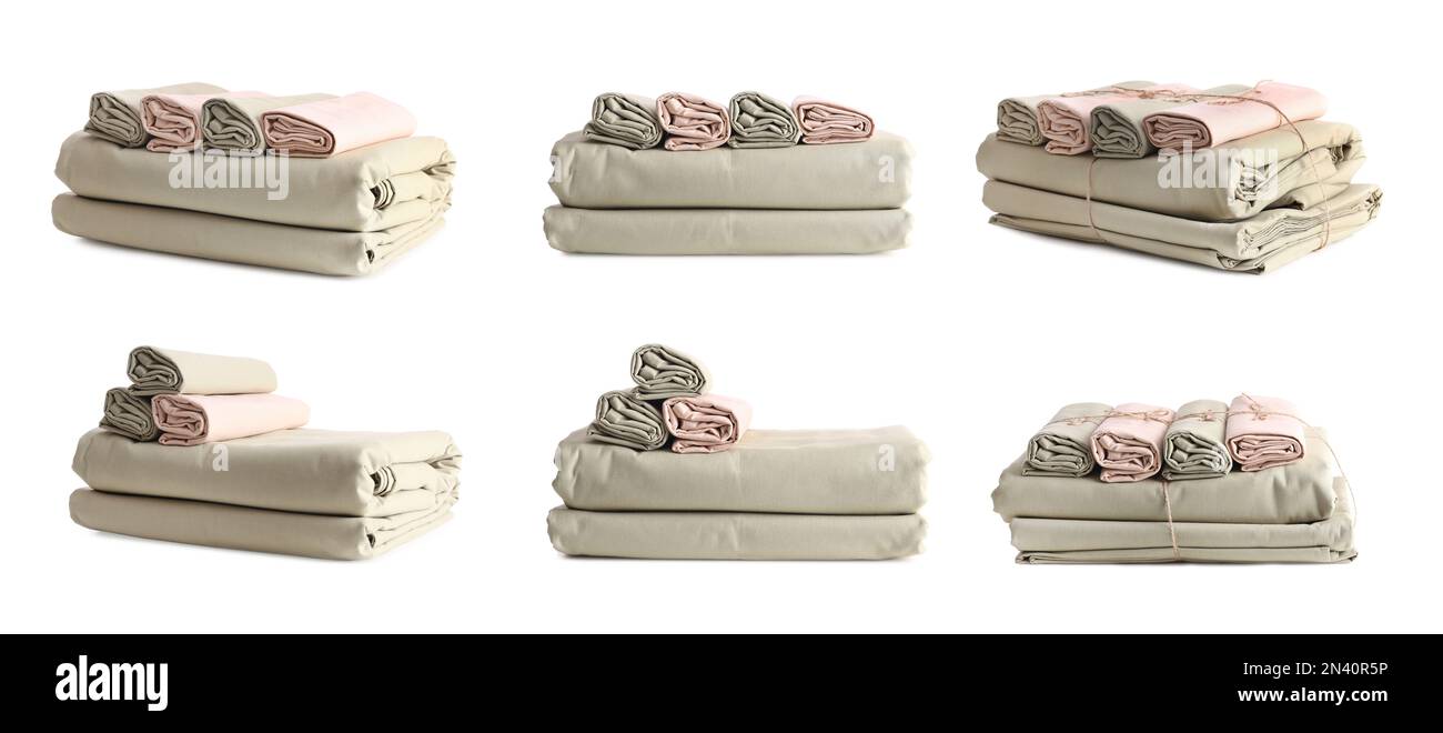 Set with stacks of clean bed linen on white background. Banner design ...