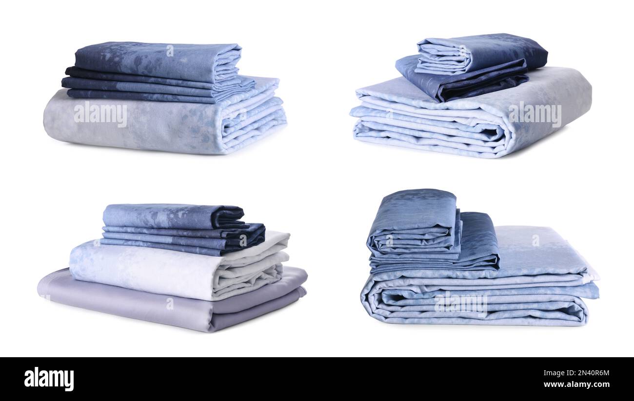 Set with stacks of clean bed linen on white background Stock Photo - Alamy