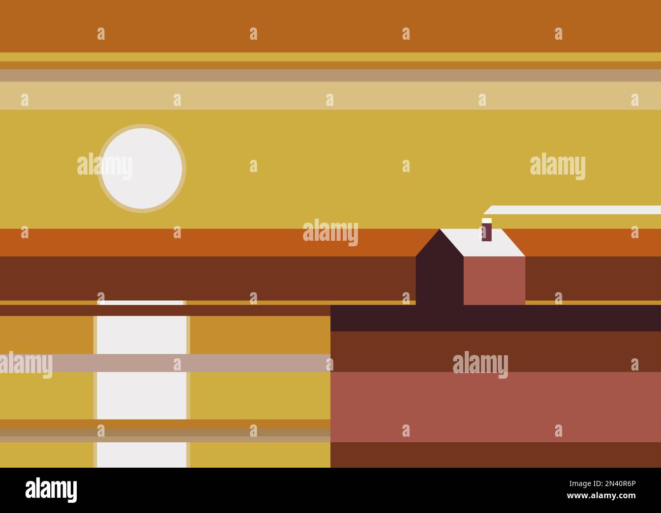 Vector illustration of a house on the shore on a sunset background in ...
