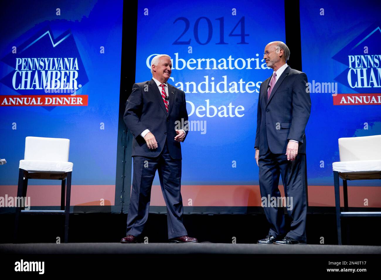 Republican Gov. Tom Corbett, left, and Democrat Tom Wolf stand together ... Republican Gov. Tom Corbett, left, and Democrat Tom Wolf stand together ...