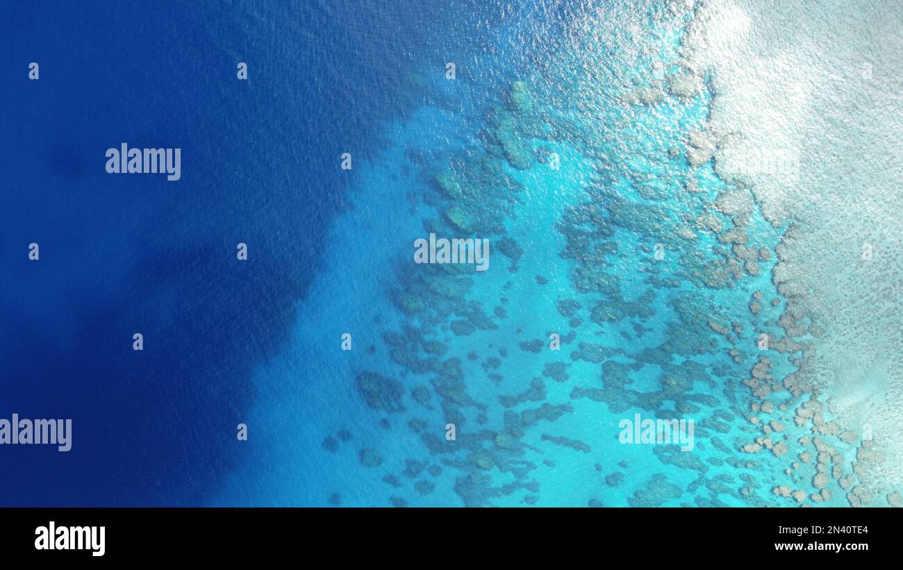 Aerial shot of coral reef with a drop off into the deep blue shot in ...