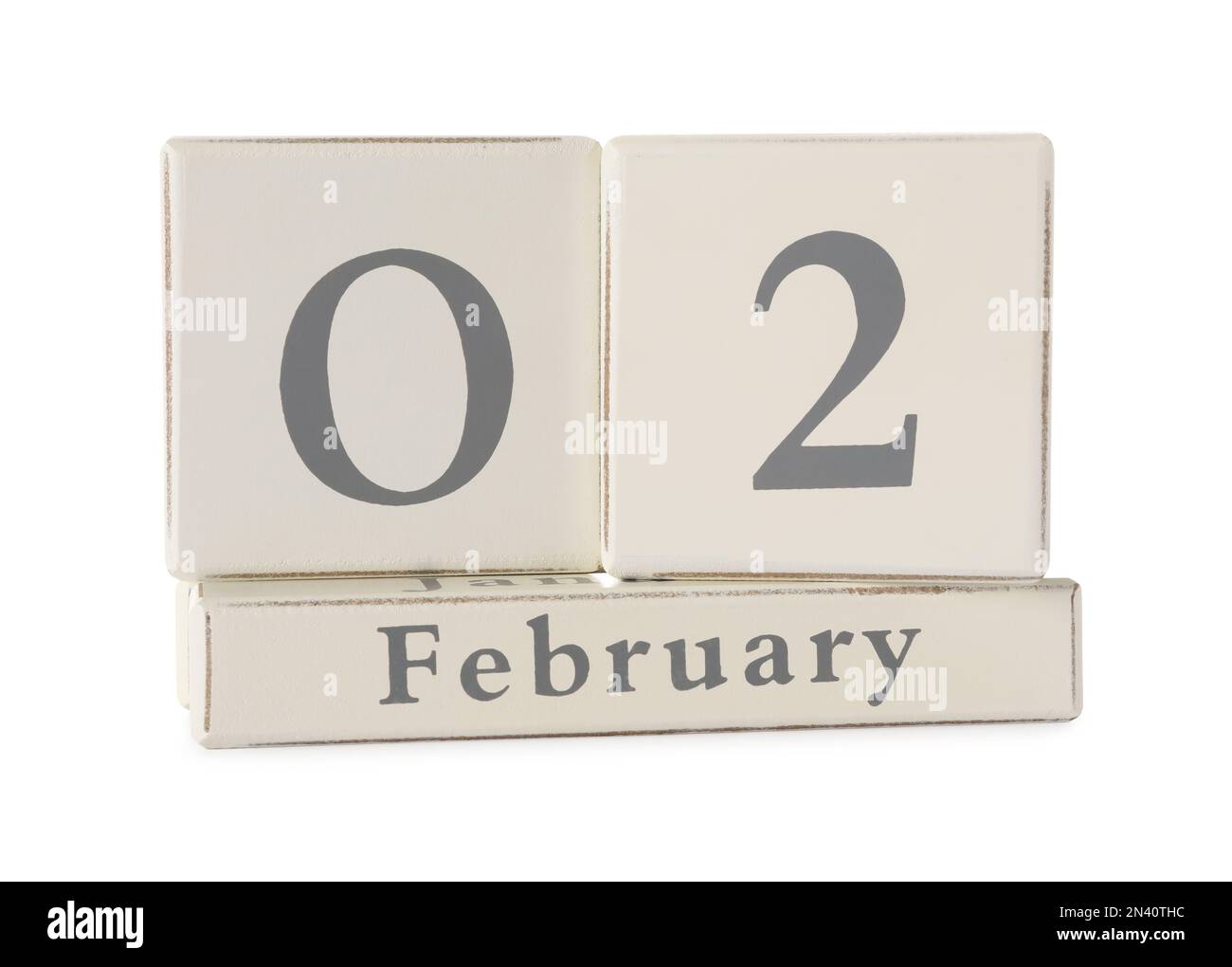 Wooden block calendar with date February 2nd on white background ...
