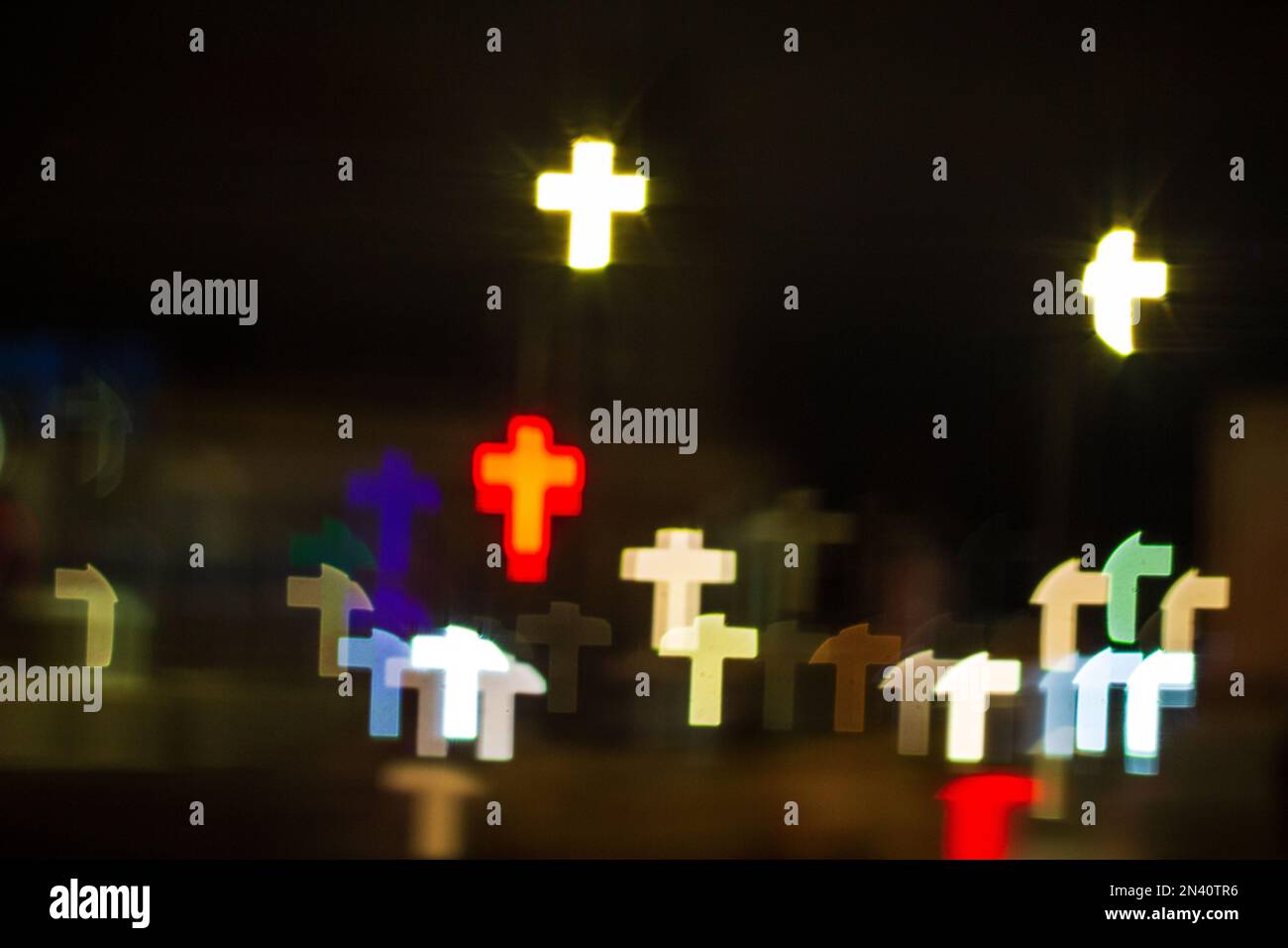 cross shape background bokeh blurred,many objects, colored red yellow ...
