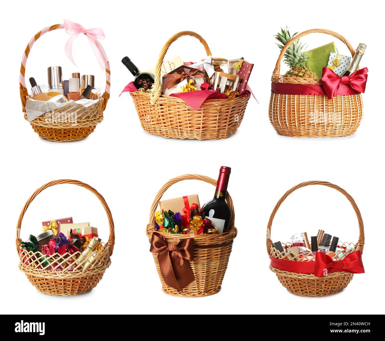 Set with wicker baskets full of different gifts on white background ...