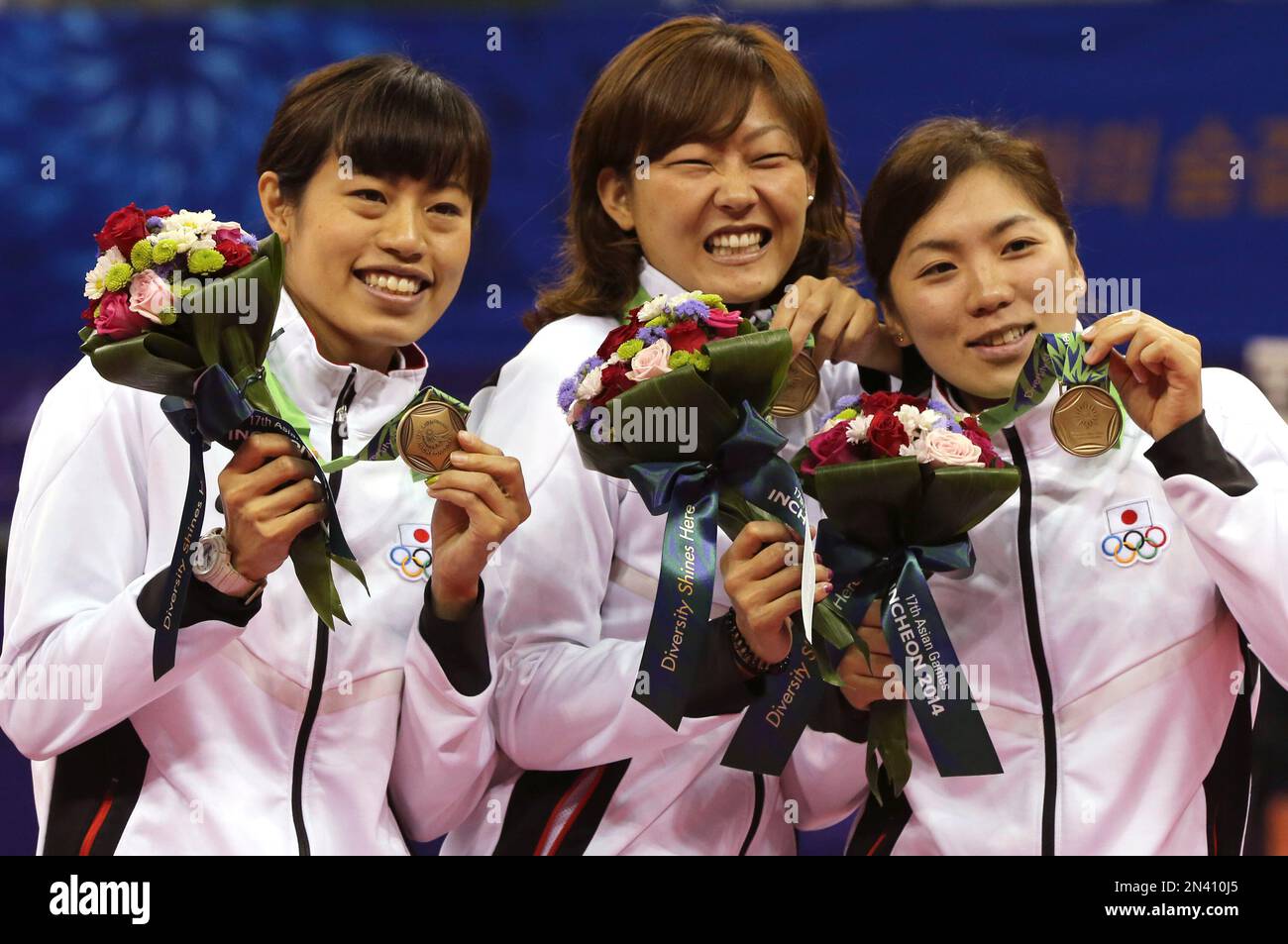 Japan's bronze medalists, from left, Sawa Aoki, Chiharu Yano and Yukie ...