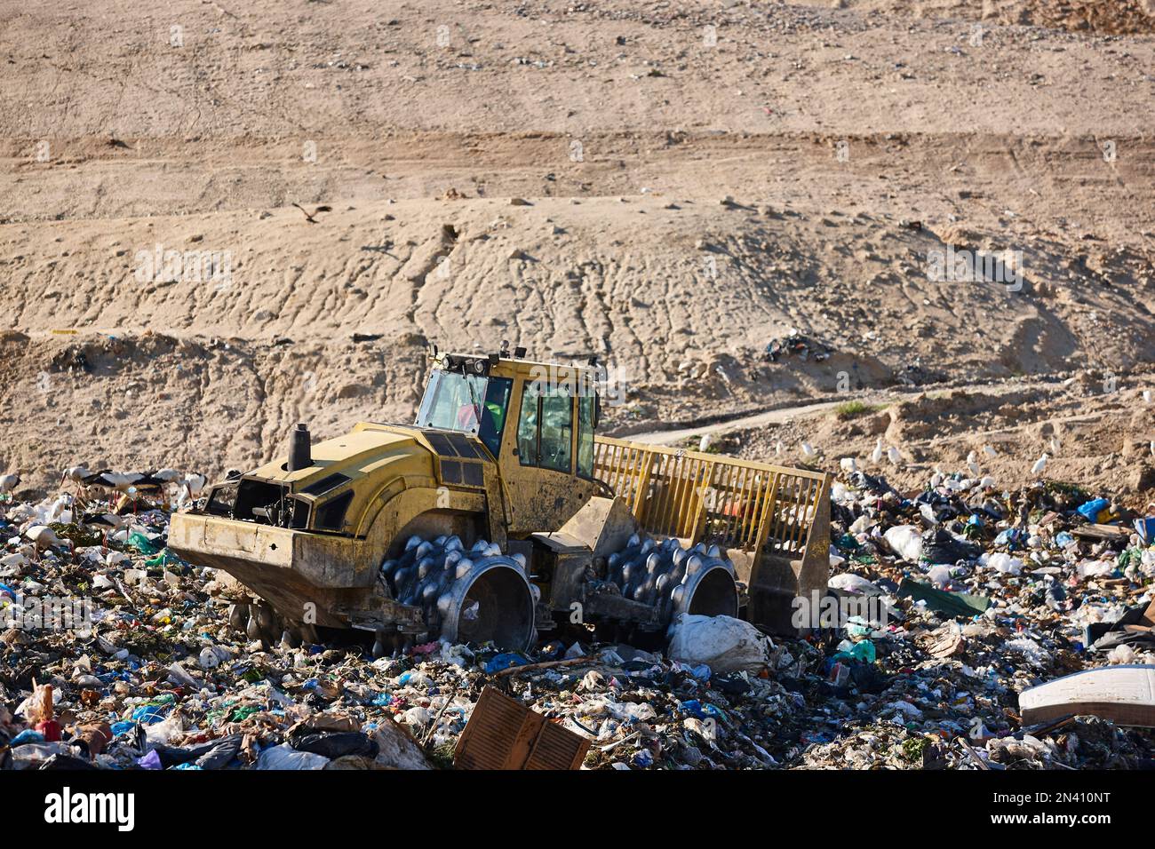 Heavy machinery shredding garbage in an open air landfill. Waste Stock ...