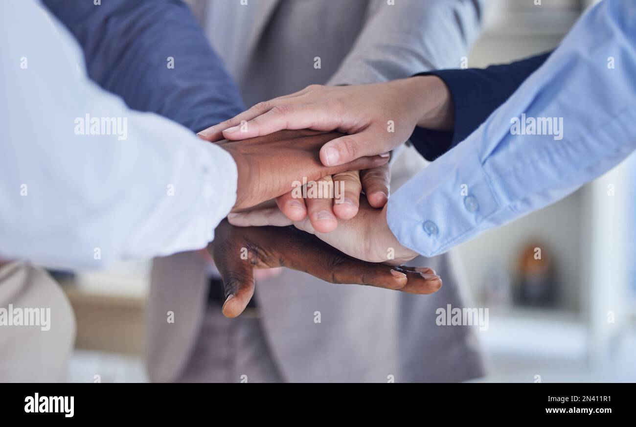 Business people, hands stack and teamwork motivation for goals, dream or mission in finance ...